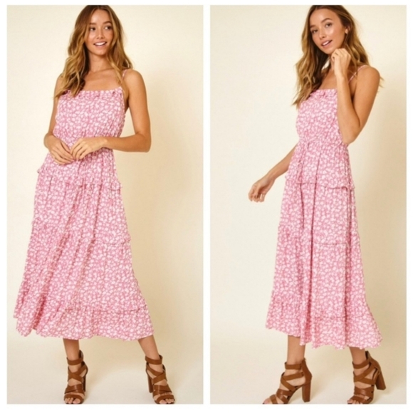 Dresses | 38 Pink Ditsy Floral Square Neck Smocked Boho Self Tie Tiered ...